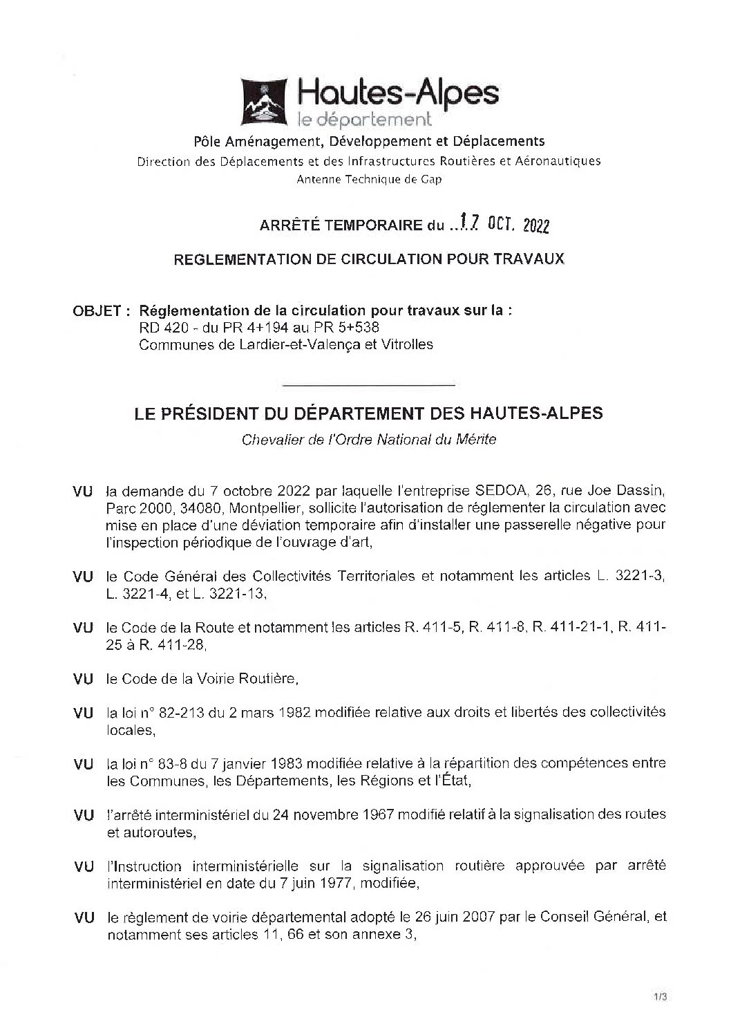 2022/ATGAP/RD 420/ LARDIER-ET-VALENCA/VITROLLES/INSPECTION OUVRAGE D ...